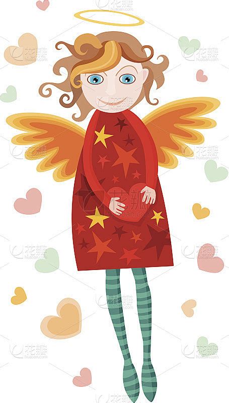 手绘的卡通天使在红色的裙子