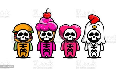 귀여운 의상을 입은 할로윈 두개골 트릭이나 치료를위한 스티커에 적합 10월에 대한 스톡 벡터 아트 및 기타 이미지 10월 귀여운 낙서 드로잉 Istock