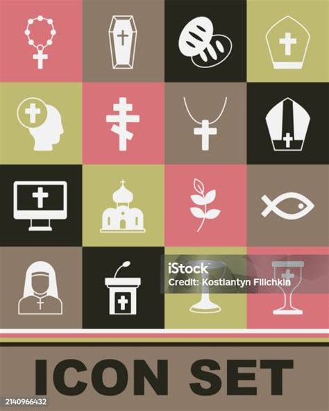 세트 기독교 성배 물고기 상징 교황 모자 빵 십자가 사제 묵주 구슬 종교 및 체인 아이콘 벡터 0명에 대한 스톡 벡터 아트 및