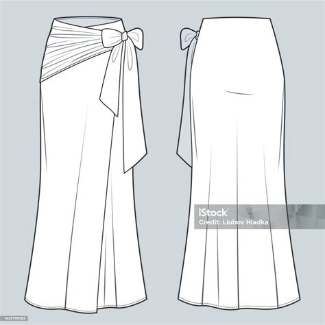 맥시 스커트 테크니컬 패션 일러스트레이션을 랩핑합니다 비대칭 드레이프 스커트 패션 플랫 기술 도면 템플릿 A 라인 전면 및 후면보기 흰색 여성 Cad 모형 맥시 치마에 대한