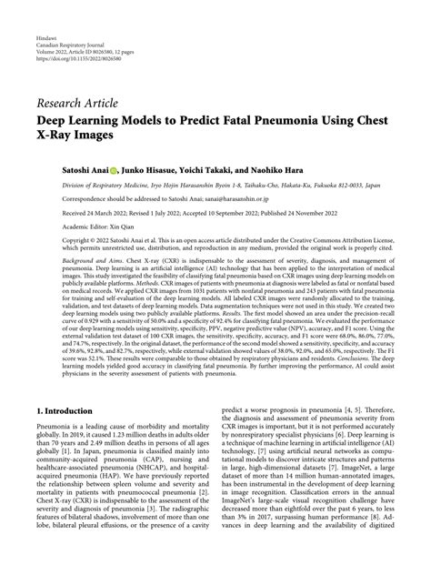 Pdf Deep Learning Models To Predict Fatal Pneumonia Using Chest X Ray Images