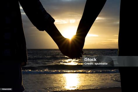 사랑의 기호입니다 실루엣 우정 일과 사랑 발렌타인 데이 개념에 대 한 일몰 시 바다와 하늘 배경에 함께 개최 하는 남자와 여자 손의 몇 2명에 대한 스톡 사진 및 기타