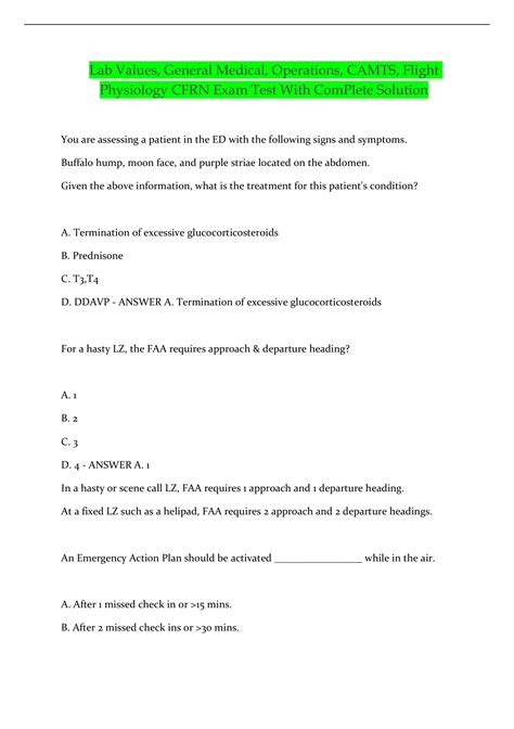 Lab Values General Medical Operations Camts Flight Physiology Cfrn Exam Test With Complete