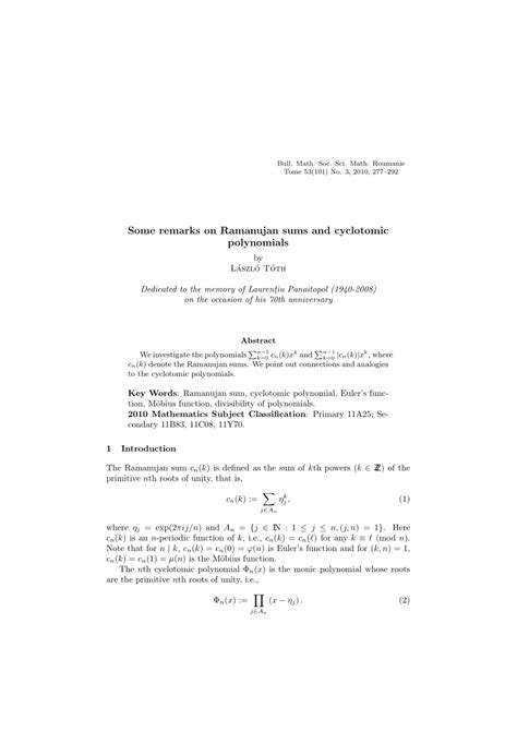 Pdf Some Remarks On Ramanujan Sums And Cyclotomic Polynomials