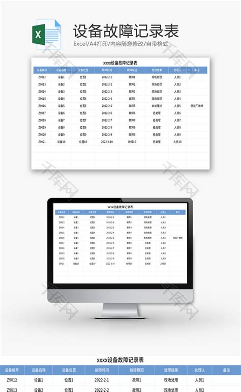设备故障记录表Excel模板 千库网 excelID178117