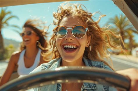 Joyful Women Enjoying Summer Road Trip In Convertible Car Premium Ai
