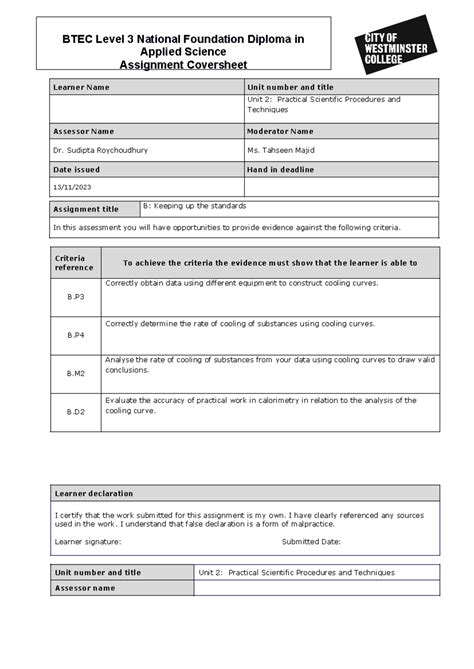 Unit 2 Assig B Brief Btec Level 3 National Foundation Diploma In Applied Science Assignment