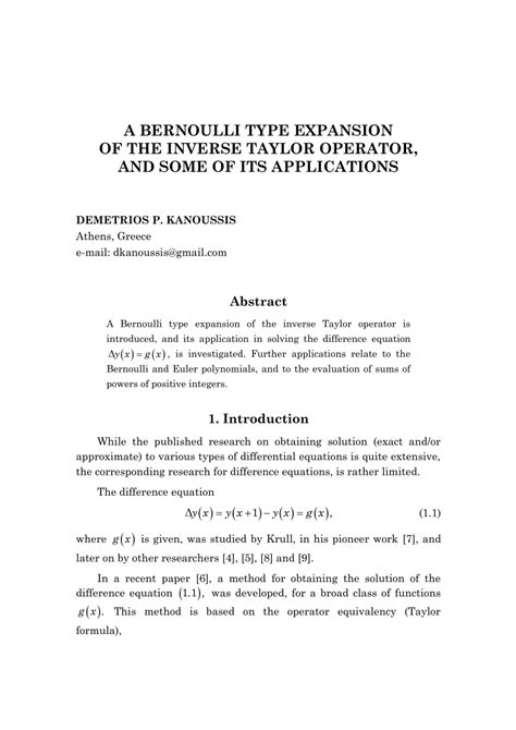Pdf A Bernoulli Type Expansion Of The Inverse Taylor Operator And Some Of Its Applications