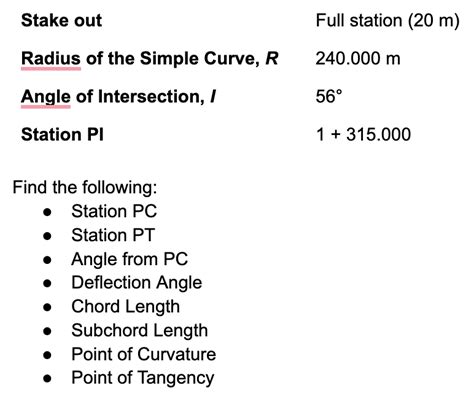 solved laying out a horizontal simple curve by