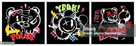 스프레이 페인트 테디 베어와 거리 예술 스타일의 꽃을 가진 낙서 포스터 가리기에 대한 스톡 벡터 아트 및 기타 이미지 가리기