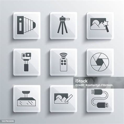 사진 보정 Usb 케이블 코드 카메라 셔터 카메라 용 리모컨 소프트 박스 라이트 액션 및 아이콘을 설정합니다 벡터 겉창에 대한 스톡 벡터 아트 및 기타 이미지 Istock