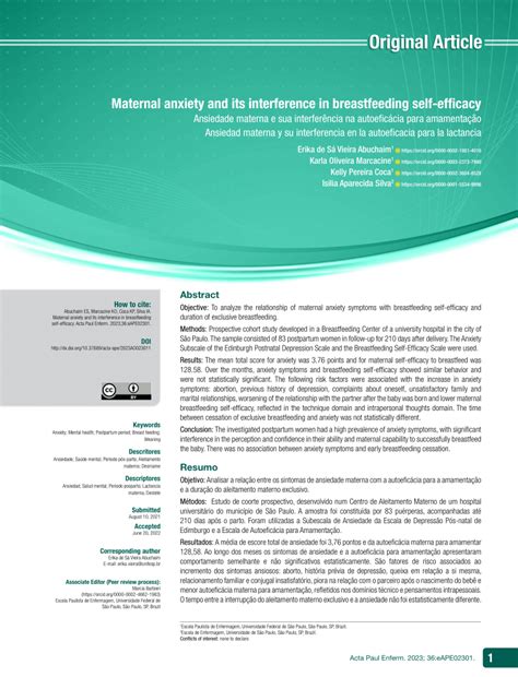 Pdf Maternal Anxiety And Its Interference In Breastfeeding Self Efficacy