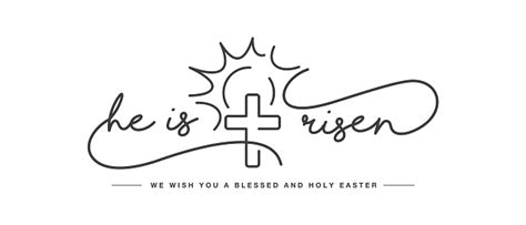 그는 흰색 배경에 십자가와 태양 라인 디자인을 가진 일어난 Handwitten 서예 타이포그래피입니다 복되고 거룩한 부활절을 기원합니다 십자가 수난길에 대한 스톡 벡터 아트