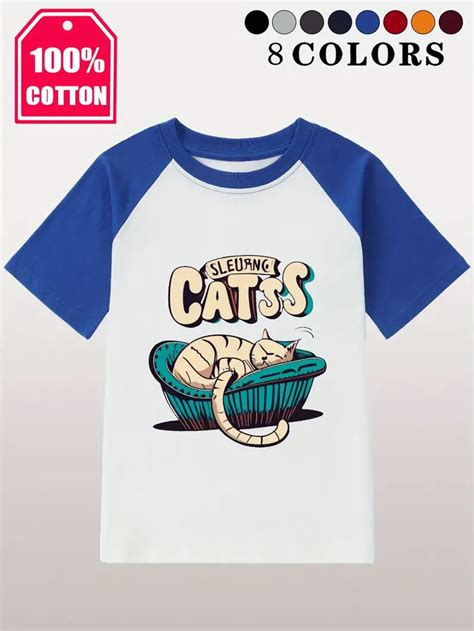순면 소년용 여름 라글란 컬러 블록킹 티셔츠 글자 고양이 프린트 통기성 루즈 반팔 크루넥 캐주얼 상의 선물 Temu