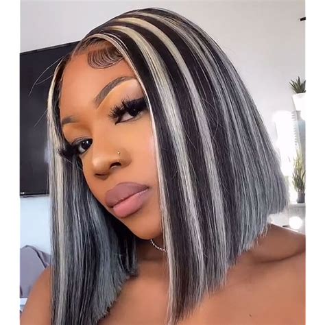 Platinum Highlights On Black Hair Wigs Straight Short Bob Wigs