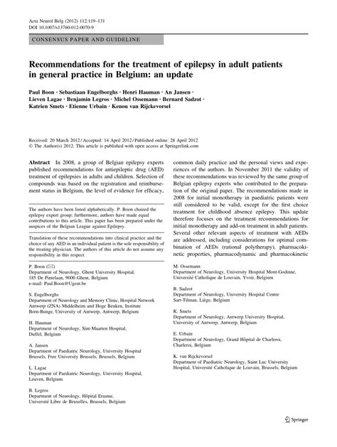 PDF Recommendations For The Treatment Of Epilepsy In Adult Patients In General Practice In
