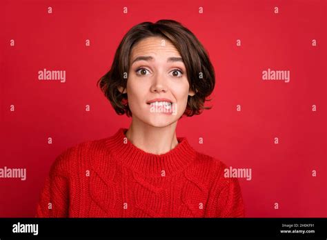 Photo Of Young Woman Bite Lips Teeth Worried Nervous Fail Problem