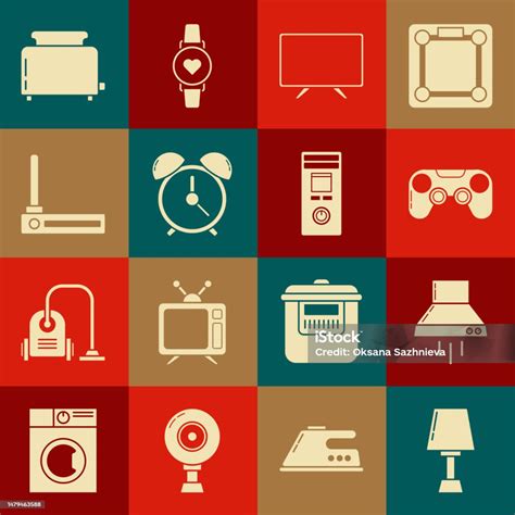 테이블 램프 주방 추출기 팬 게임패드 스마트 Tv 알람 시계 라우터 및 와이파이 신호 토스트가 있는 토스터 및 리모컨 아이콘을 설정합니다 벡터 Brand Name