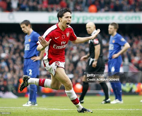 Arsenals French Midfielder Samir Nasri Celebrates After Scoring His