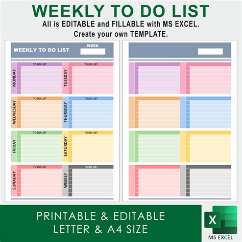 EXCEL Spreadsheet Template To Do List Printable To Do List Edtiable To Do List Fillable To