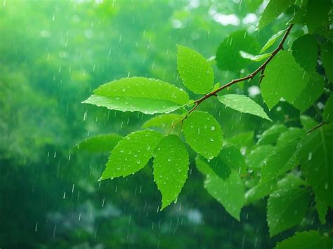 Premium Ai Image Nature Fresh Green Leaf Branch Under Rain In Rainy