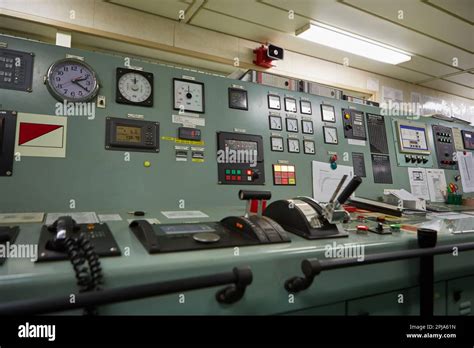 Interior Of Ships Engine Room Control Compartment The Control Instruments Of The Ships Engine