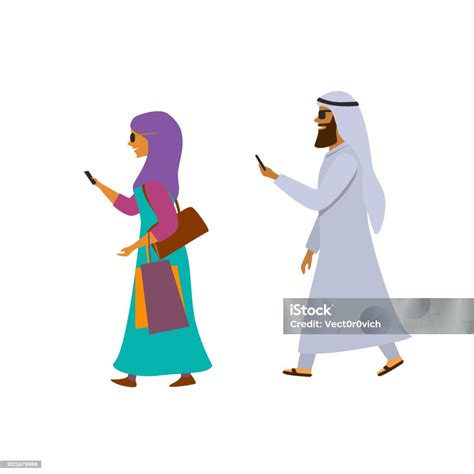 아랍어 남녀 스마트폰 문자 메시지와 만화 벡터 일러스트 레이 션 Brand Name Online Messaging Platform에 대한 스톡 벡터 아트 및 기타 이미지