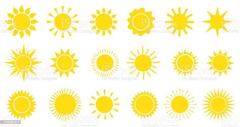 따뜻한 태양 기호 태양 벡터 아이콘 자연 햇빛 기호 세트 봄 맑은 광선 그림 여름 태양 뜨거운 날씨 선빔 그래픽 햇빛 표지판 깔끔한 일러스트 이미지 0명에 대한 스톡 벡터