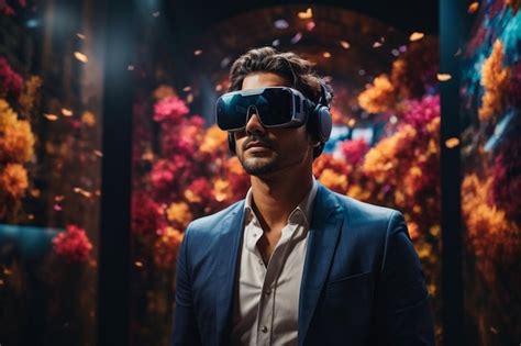 premium photo businessman wearing virtual reality with digital big