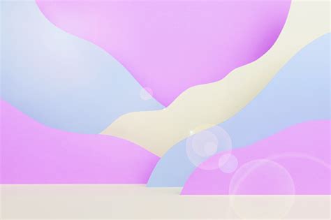 추상 무대 모형 귀여운 부드러운 패션 스타일로 태양이 깜박이는 산 보라색 파란색 흰색의 종이 풍경 광고 디자인 프리젠 테이션 화장품 생산 카드를위한 템플릿 3차원 형태에