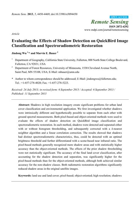 Pdf Evaluating The Effects Of Shadow Detection On Quickbird Image