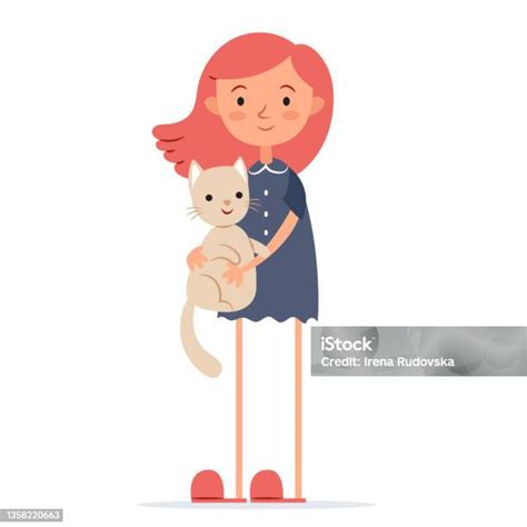 흰 고양이를 들고 분홍색 머리를 가진 소녀 귀여운 어린이 일러스트 홈 편의 미니멀한 스칸디나비아 디자인 가축에 대한 스톡 벡터 아트 및 기타 이미지 Istock