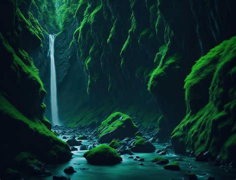 벽에 이끼가 있는 녹색 동굴의 폭포 프리미엄 사진