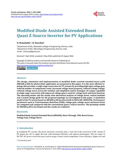 Pdf Modified Diode Assisted Extended Boost Quasi Z Source Inverter For Pv Applications