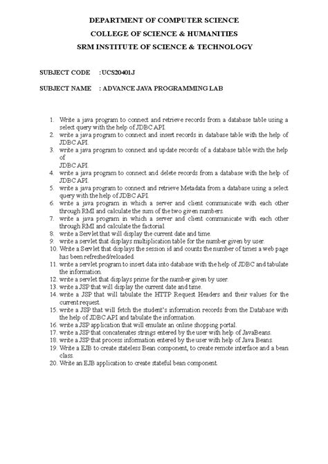 Advanced Java Programming Lab Semester Questions Department Of Computer Science College Of