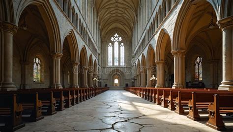 Cathedral Nave With Pews And Stained Glass Stock Illustration