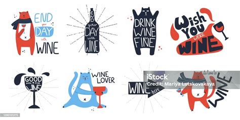 와인 레터링 세트가 있는 고양이 바 카페 레스토랑 또는 화려한 낙서 부엌 포스터 엽서 벡터 고립 컬렉션에 대한 카랙터와 와인
