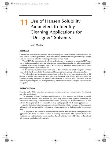 Pdf Use Of Hansen Solubility Parameters To Identify Cleaning Applications For “designer” Solvents
