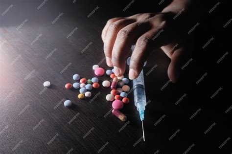 Premium Photo The Use Of Intravenous Drugs Combined With Different Types Of Pills And Syringes