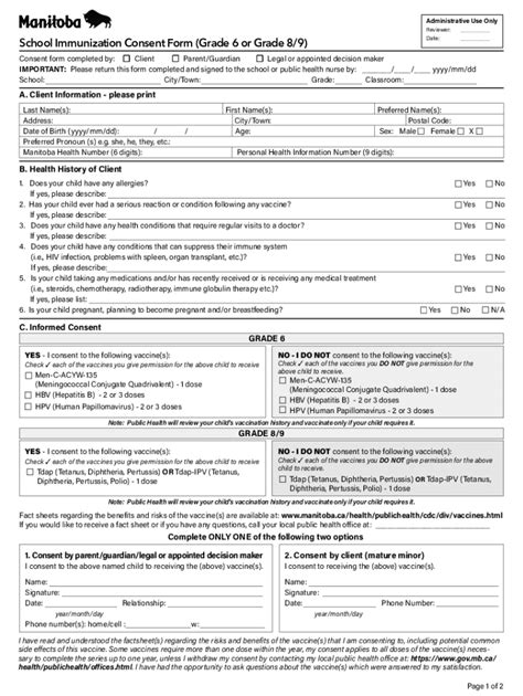 Fillable Online School Immunization Consent Form Grade 6 Or Grade 89