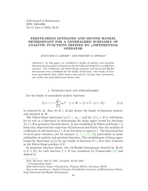 Pdf Fekete Szego Estimates And Second Hankel Determinant For A