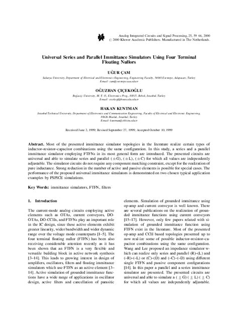 Pdf Universal Series And Parallel Immittance Simulators Using Four Terminal Floating Nullors