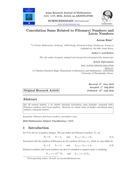 pdf convolution sums related to fibonacci numbers and lucas numbers