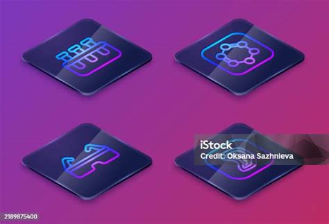 세트 아이소 메트릭 라인 시험관 및 플라스크 안전 고글 안경 벤젠 링 및 박테리아의 공식 파란색 사각형 버튼입니다 벡터 3차원 형태에 대한 스톡 벡터 아트 및 기타 이미지