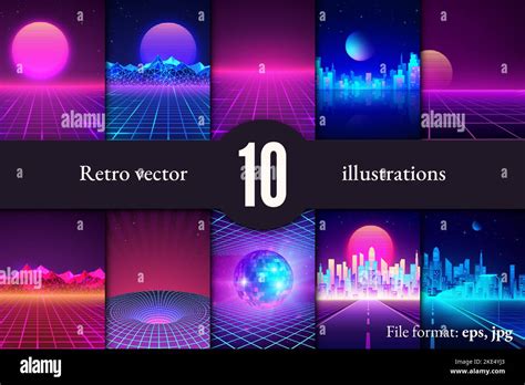 Set Of Retro Futuristic Backgrounds Rave Party Flyer Design Template