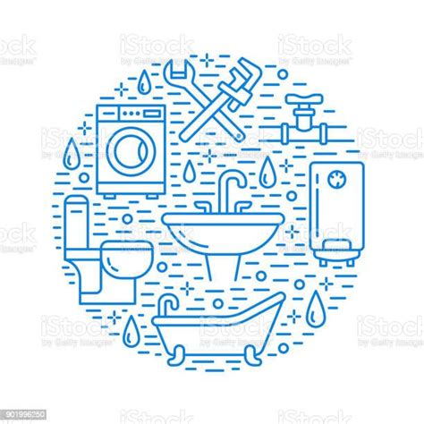 블루 서비스 배너 그림 배관 집 목욕탕 장비 수도 꼭지 화장실 파이프라인 세탁기 물 보일 러의 벡터 라인 아이콘입니다 배관공