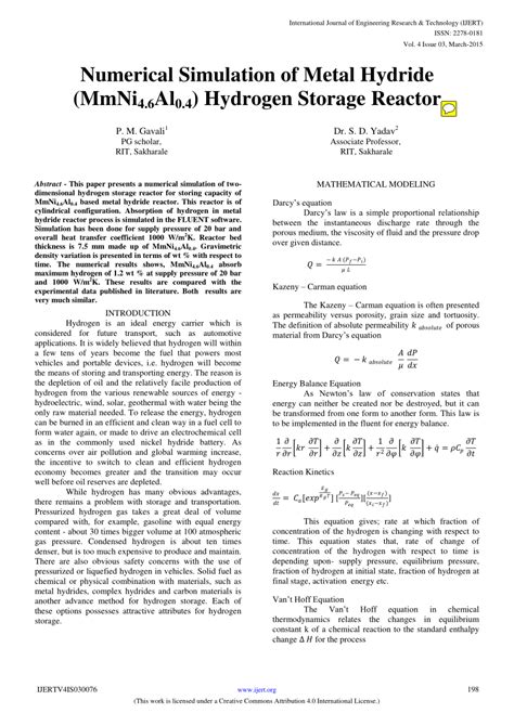 Pdf Numerical Simulation Of Metal Hydride Mmni46al04 Hydrogen Storage Reactor