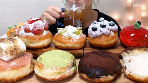크림 도넛🥯 마시멜로 초코가나슈 말차 블루베리 청포도 딸기 사과크림 Cream Donut Dessert Mukbang Youtube