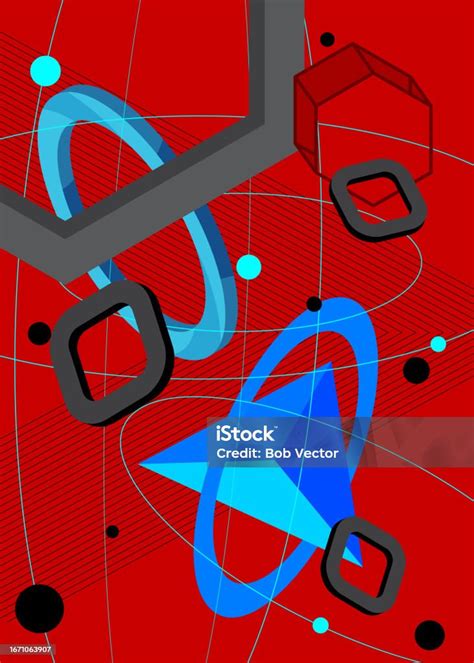 검정 빨강 및 파랑 기하학적 그래픽 복고풍 테마 커버 최소한의 기하학적 요소 포스터 디자인 포스터 배너를 위한 빈티지 추상 모양 템플릿입니다 초현대적에 대한 스톡 벡터 아트