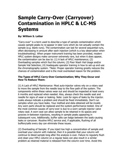 Pdf Sample Carry Over Carryover Contamination In Hplc And Lc Ms Systems